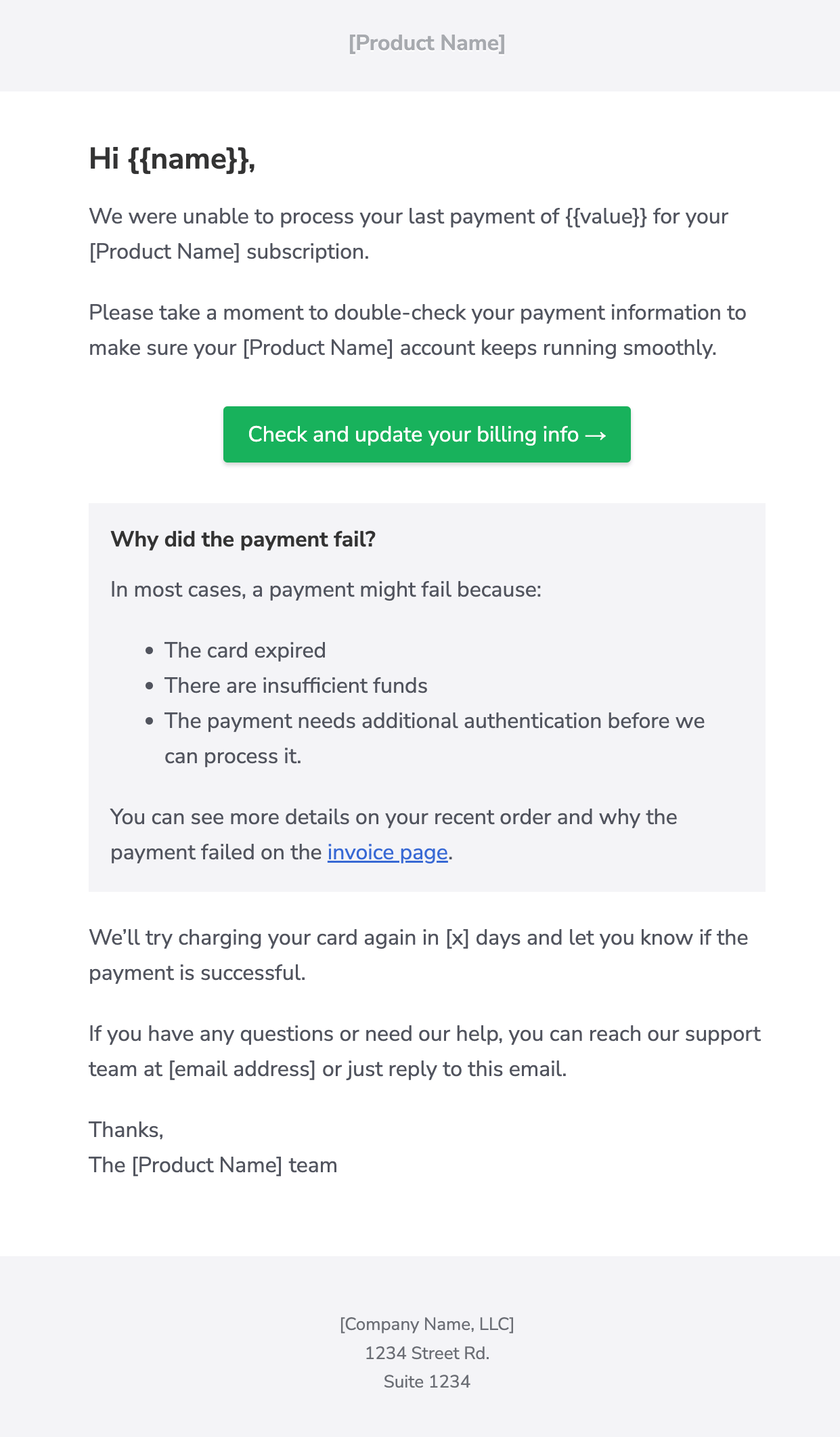 Once coded, your dunning template will look like this and be ready to go!